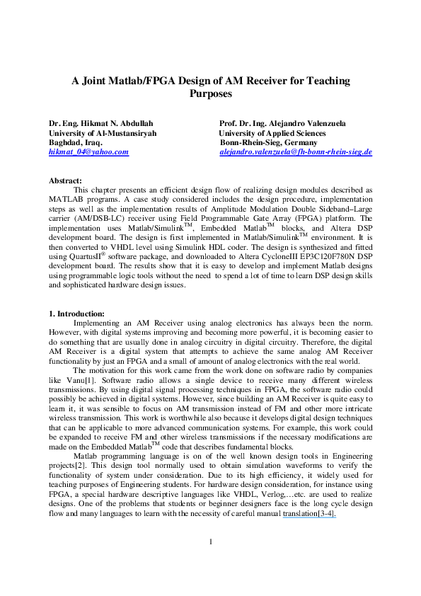 (PDF) A Joint Matlab/FPGA Design of AM Receiver for Teaching Purposes
