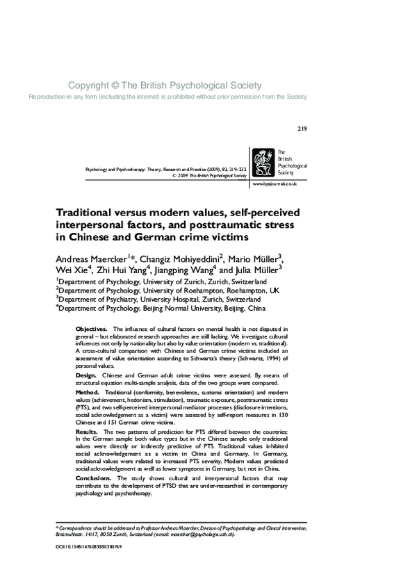 (PDF) Traditional versus modern values, self-perceived interpersonal ...