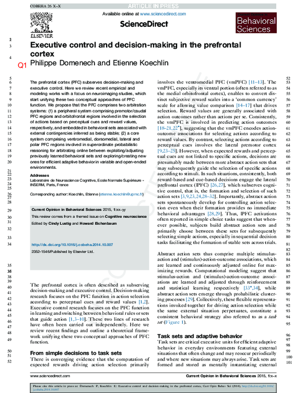 (PDF) Executive control and decision-making in the prefrontal cortex