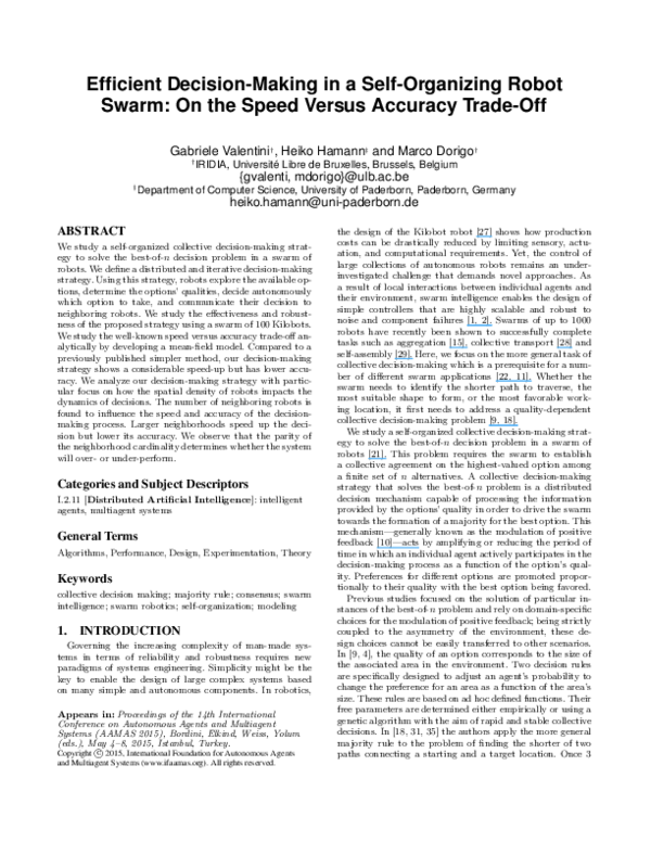 Pdf Efficient Decision Making In A Self Organizing Robot Swarm On