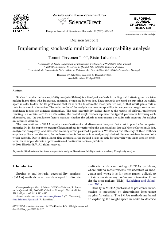 (PDF) Implementing stochastic multicriteria acceptability analysis (PDF) Implementing stochastic multicriteria acceptability analysis
