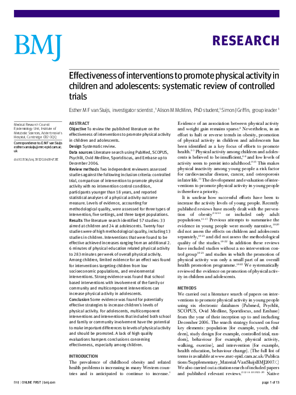 (PDF) Effectiveness of interventions to promote physical activity in children and adolescents ...