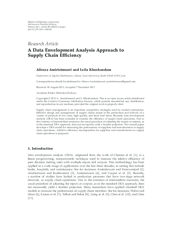 (PDF) A Data Envelopment Analysis Approach to Supply Chain Efficiency