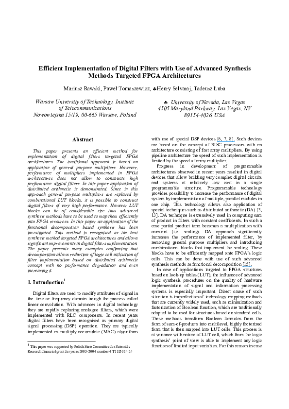 (PDF) Efficient implementation of digital filters with use of advanced synthesis methods ...