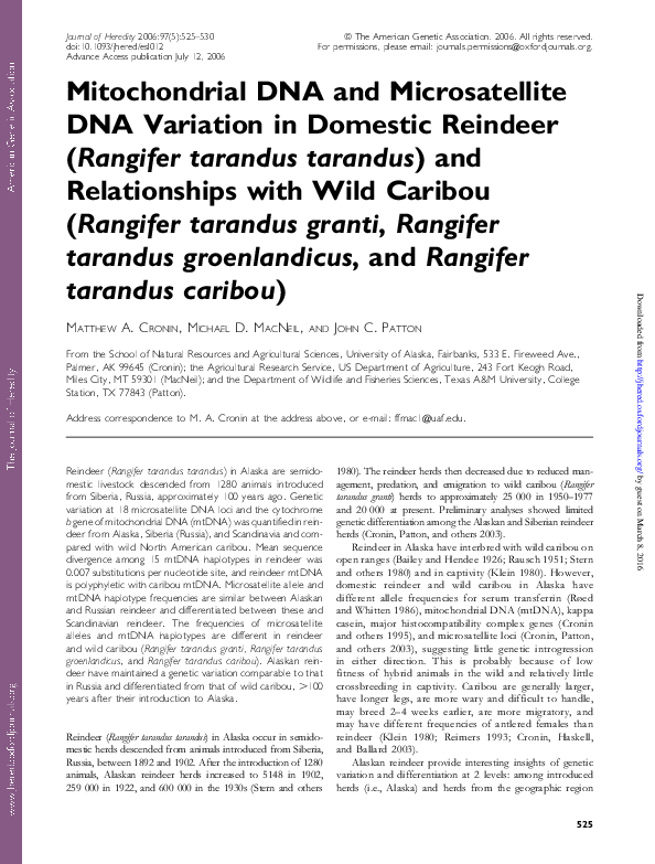 (PDF) Mitochondrial DNA and Microsatellite DNA Variation in Domestic Reindeer (Rangifer tarandus ...