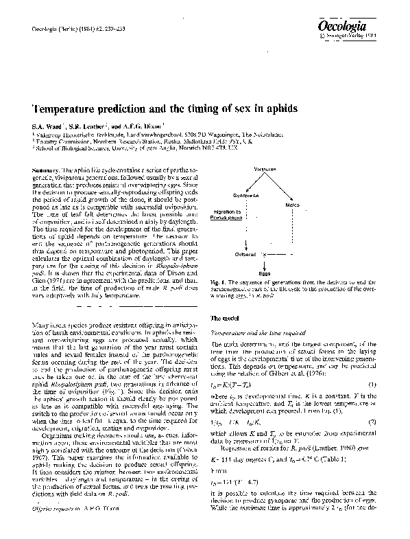 Pdf Temperature Prediction And The Timing Of Sex In Aphids