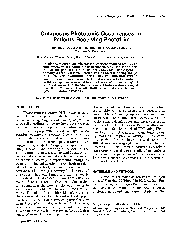 (PDF) Cutaneous phototoxic occurrences in patients receiving Photofrin®