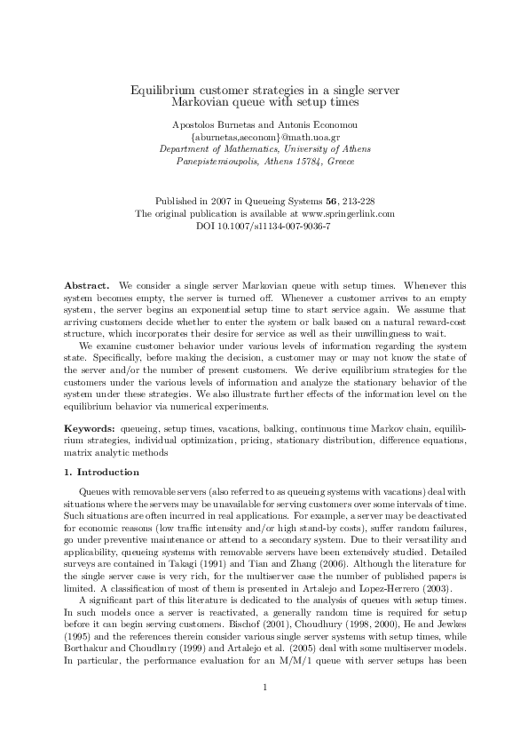 Pdf Equilibrium Customer Strategies In A Single Server Markovian Queue With Setup Times