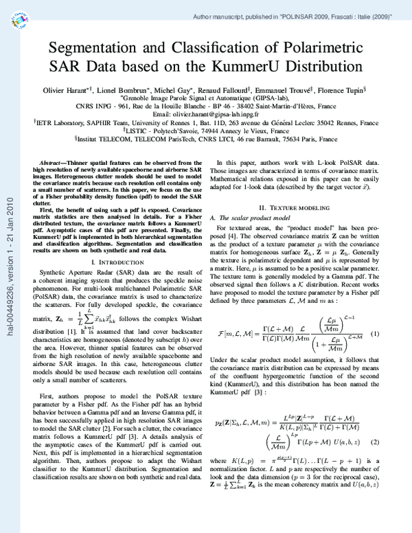(PDF) Segmentation and Classiﬁcation of Polarimetric SAR Data based on the KummerU Distribution