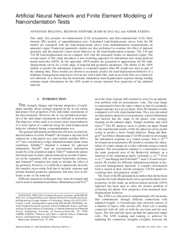 Pdf Artificial Neural Network And Finite Element Modeling Of Nanoindentation Tests