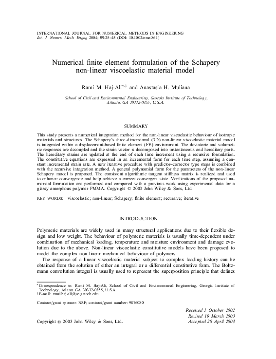 (PDF) Numerical finite element formulation of the Schapery non-linear viscoelastic material model
