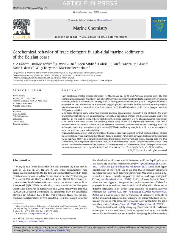(PDF) Geochemical behavior of trace elements in sub-tidal marine sediments of the Belgian coast