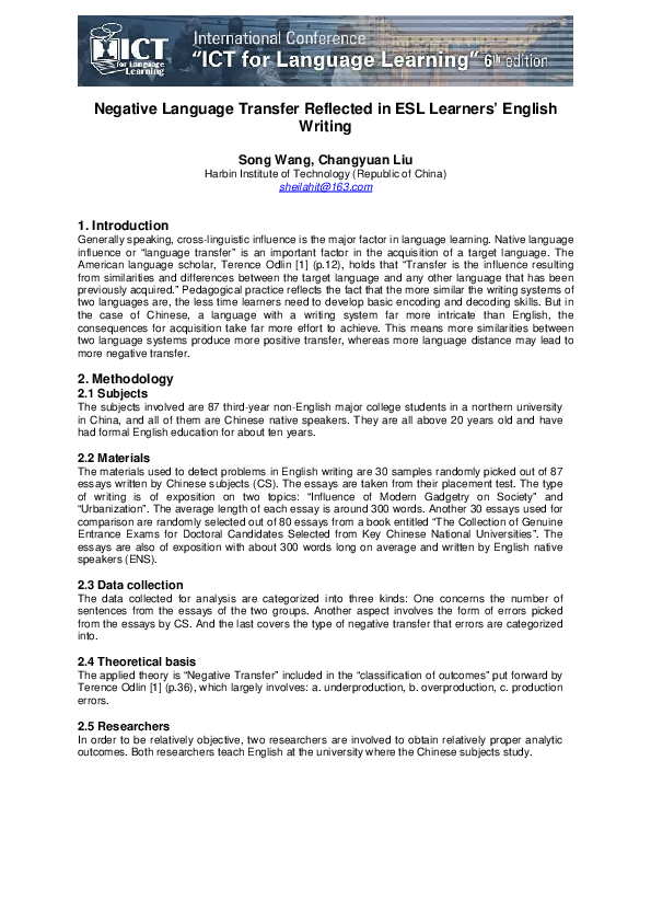 (PDF) Negative Language Transfer Reflected in ESL Learners' English Writing