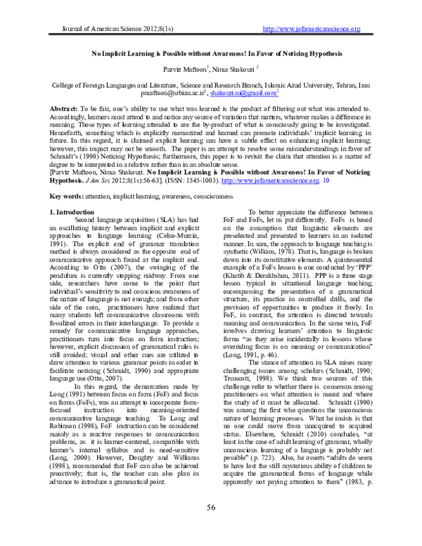 (PDF) No Implicit Learning is Possible without Awareness! In Favor of Noticing Hypothesis