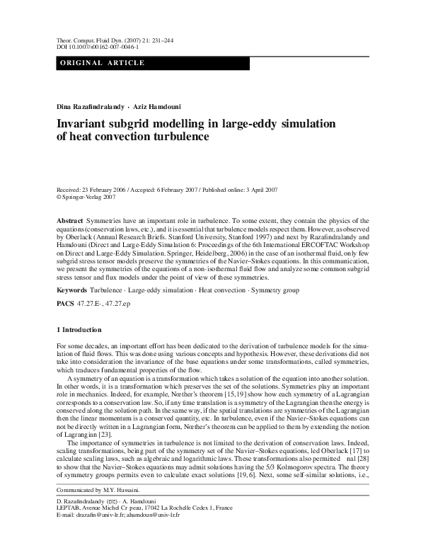 Pdf Invariant Subgrid Modelling In Large Eddy Simulation Of Heat
