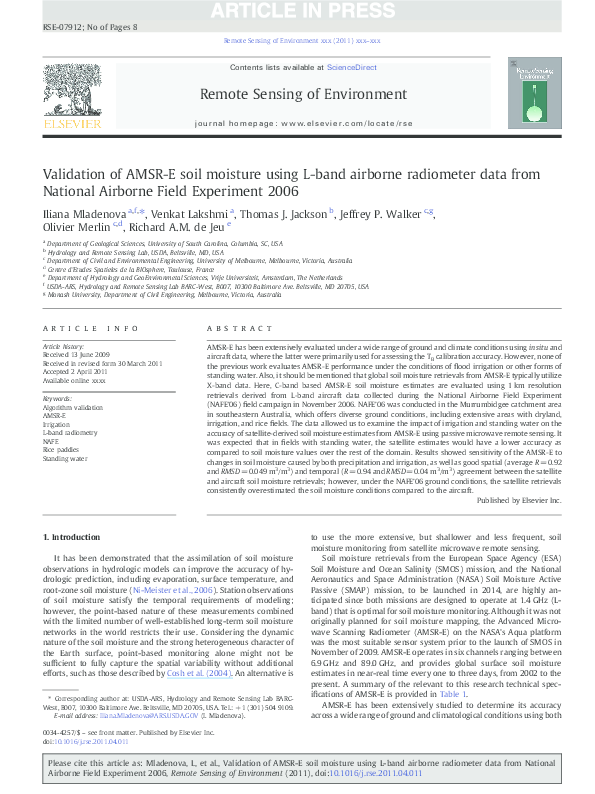 (PDF) Validation of AMSR-E soil moisture using L-band airborne ...