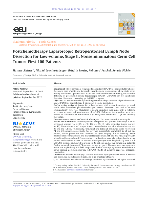 (PDF) Postchemotherapy Laparoscopic Retroperitoneal Lymph Node Dissection for Low-volume, Stage ...