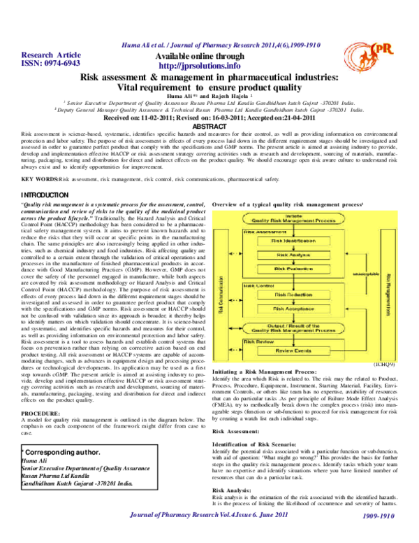 (PDF) Risk assessment & management in pharmaceutical industries: Vital ...