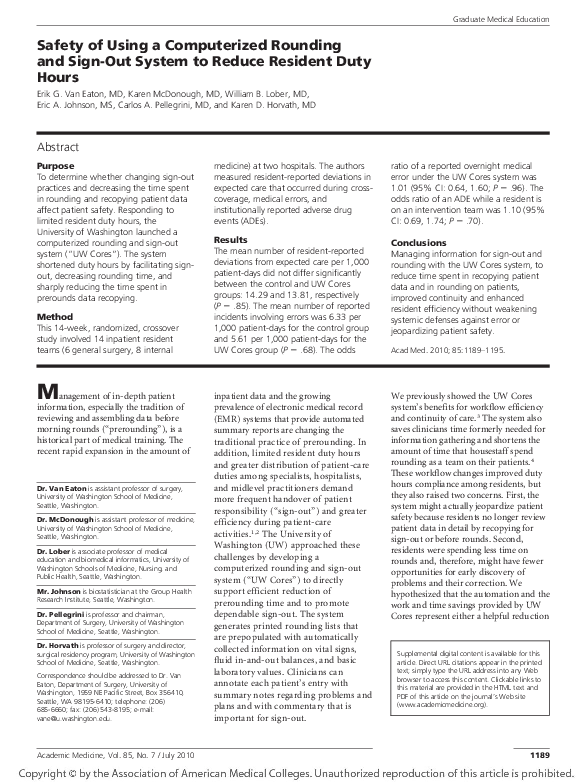 (PDF) Safety of Using a Computerized Rounding and Sign-Out System to ...