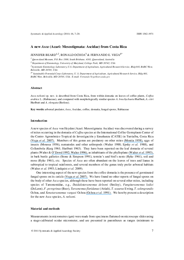(PDF) A new Asca (Acari: Mesostigmata: Ascidae) from Costa Rica