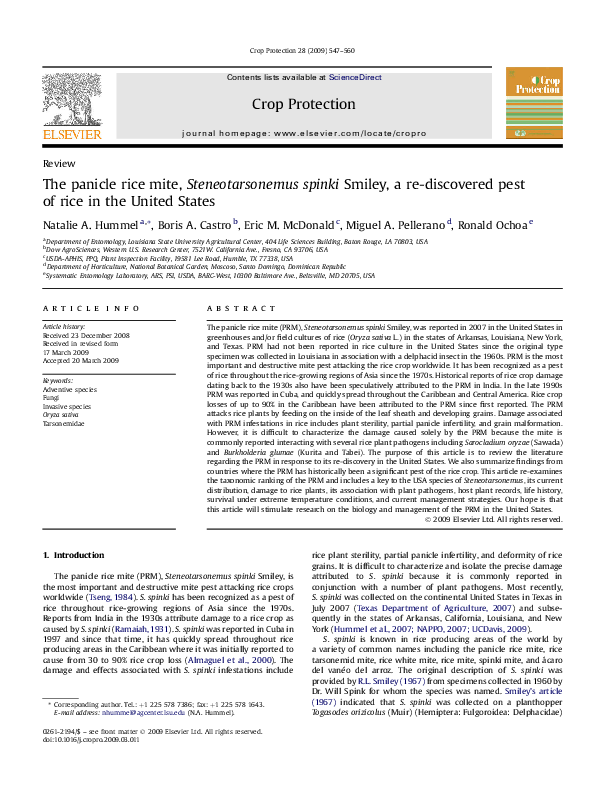 (PDF) The panicle rice mite, Steneotarsonemus spinki Smiley, a re ...