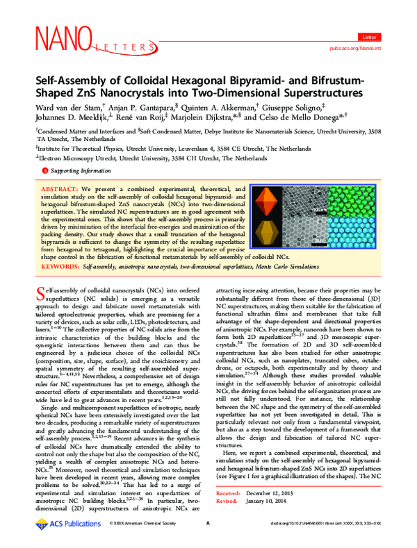 (PDF) Self-Assembly of Colloidal Hexagonal Bipyramid- and Bifrustum-Shaped ZnS Nanocrystals into ...