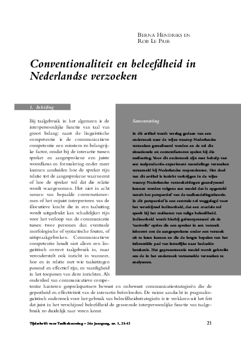 (PDF) Conventionaliteit en beleefdheid in Nederlands verzoeken