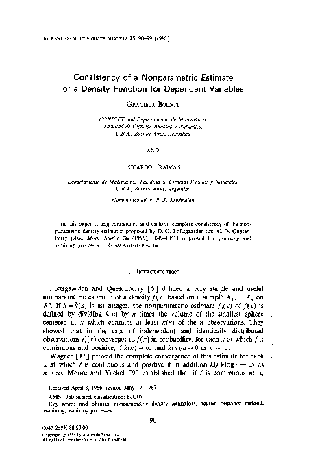 Pdf Consistency Of A Nonparametric Estimate Of A Density Function For