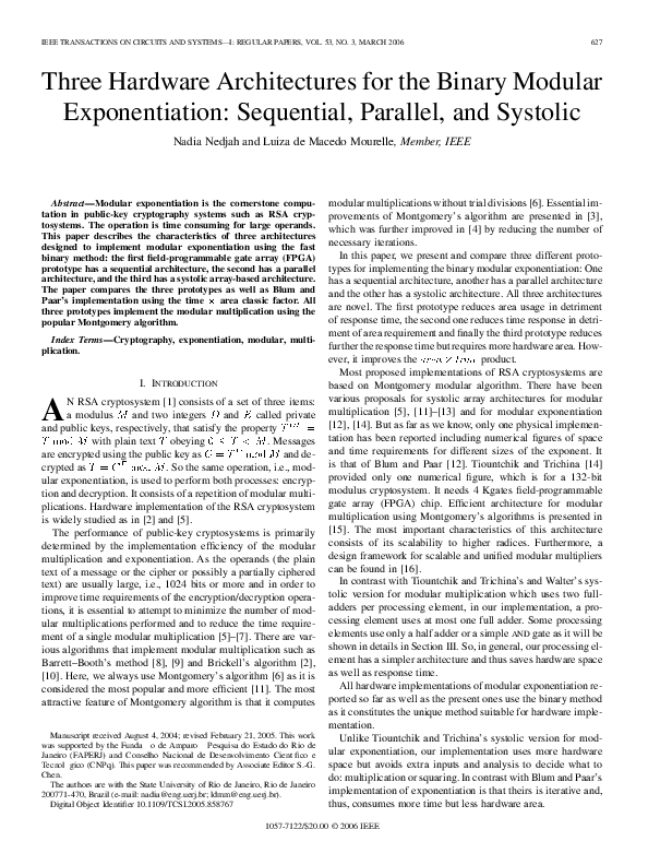Pdf Three Hardware Architectures For The Binary Modular Exponentiation Sequential Parallel