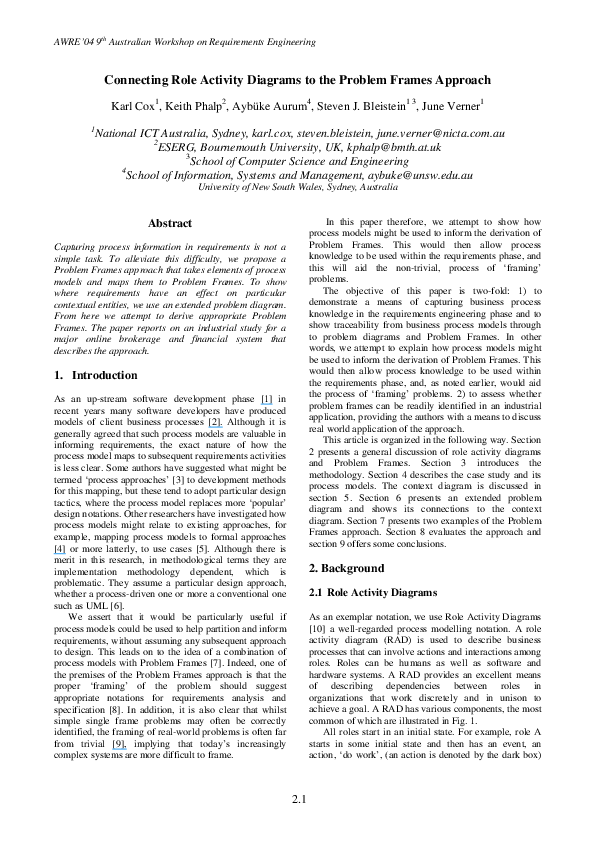 (PDF) Connecting role activity diagrams to the problem frames approach