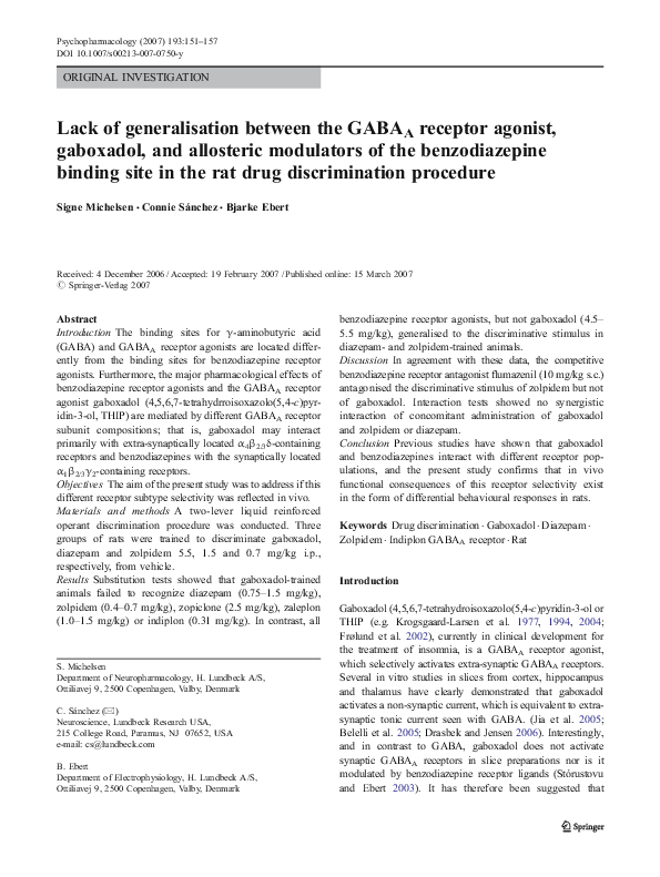 (PDF) Lack of generalisation between the GABAA receptor agonist ...