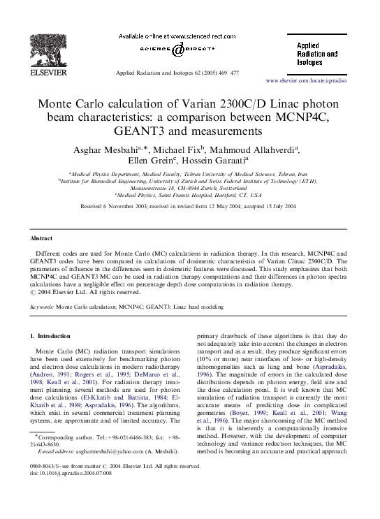 (PDF) Monte Carlo calculation of Varian 2300C/D Linac photon beam characteristics: a comparison ...