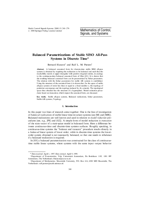 (PDF) Balanced Parametrizations of Stable SISO All-Pass Systems in Discrete Time