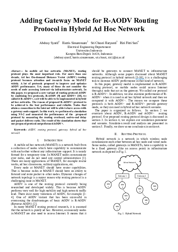 Pdf Adding Gateway Mode For R Aodv Routing Protocol In Hybrid Ad Hoc