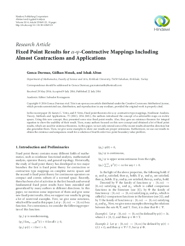 Pdf Fixed Point Results For α ψ Contractive Mappings Including