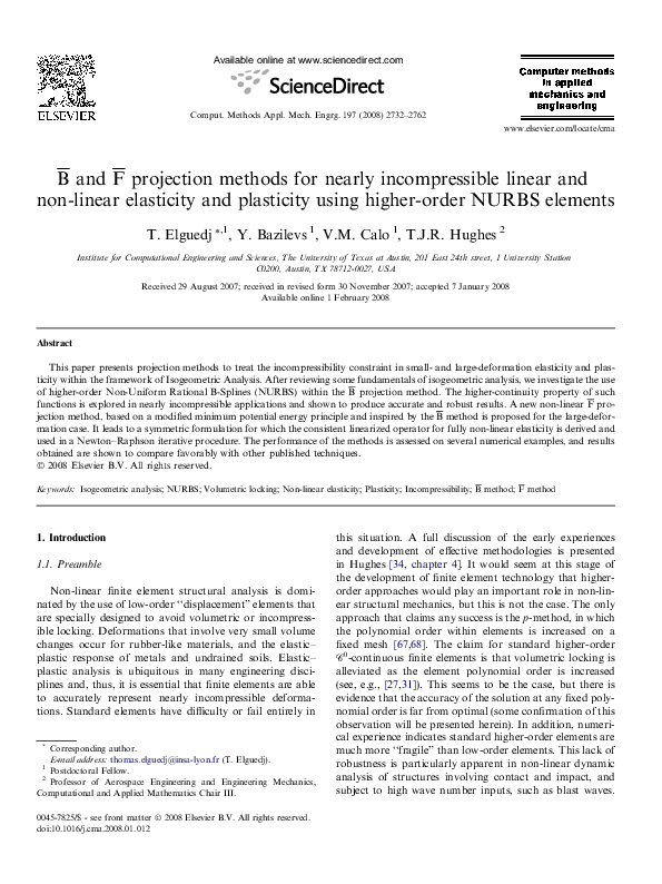 Pdf And Projection Methods For Nearly Incompressible Linear And Non Linear Elasticity And