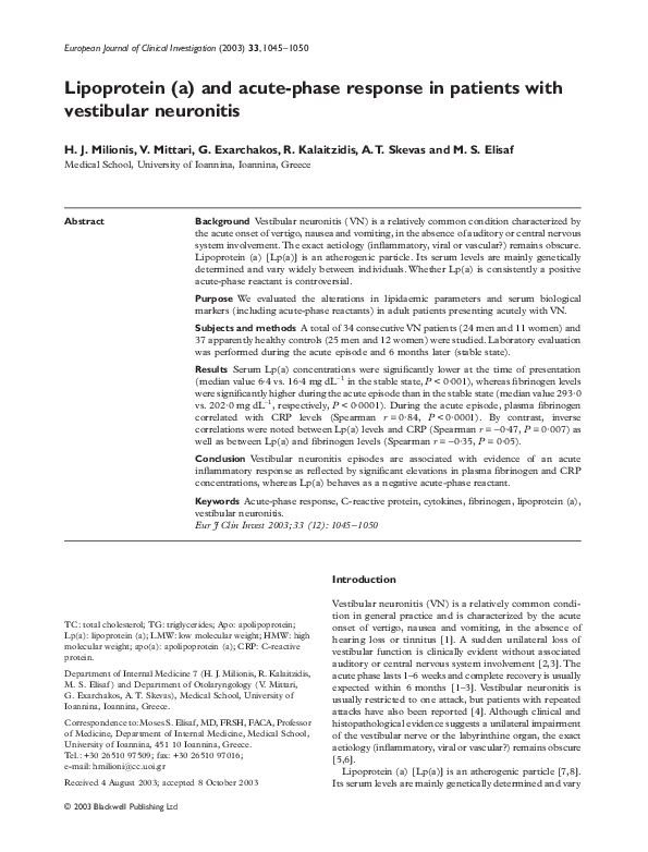 (PDF) Lipoprotein (a) in Vestibular Neuronitis