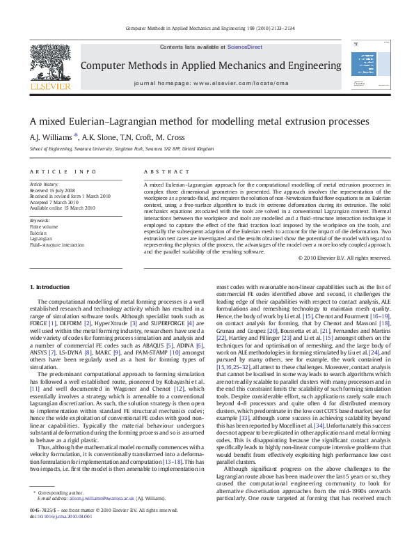 Pdf A Mixed Eulerian Lagrangian Method For Modelling Metal Extrusion Processes