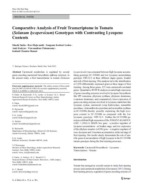 Pdf Comparative Analysis Of Fruit Transcriptome In Tomato Solanum