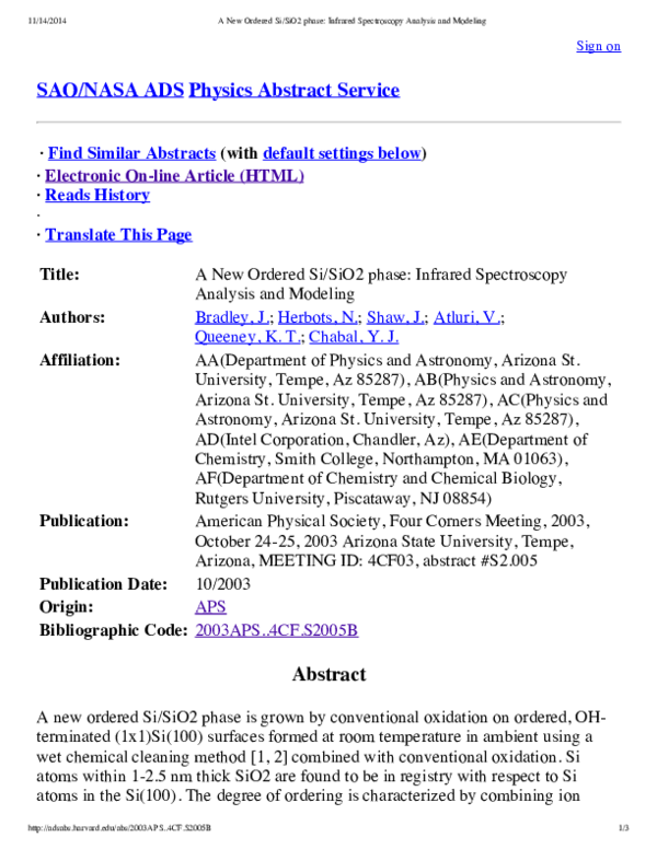 (PDF) A New Ordered Si/SiO2 phase: Infrared Spectroscopy Analysis and Modeling