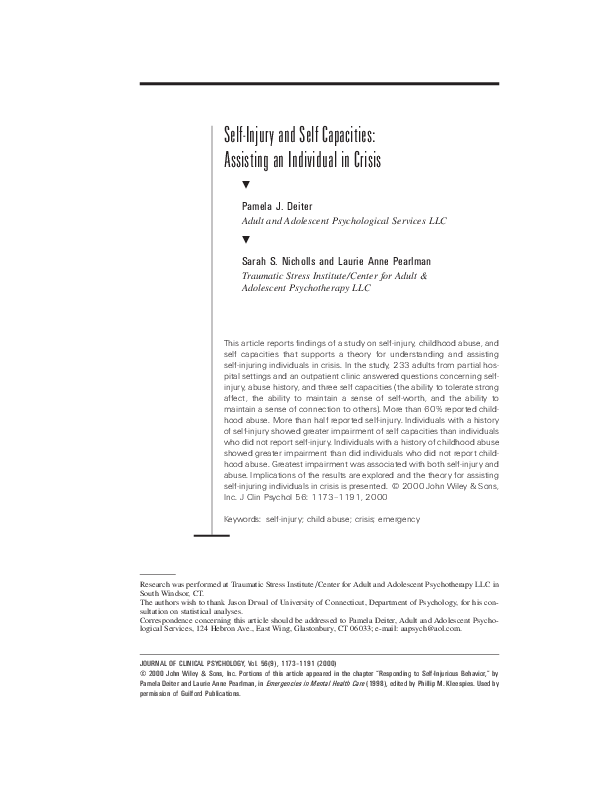 (PDF) Self-injury and self capacities: Assisting an individual in crisis