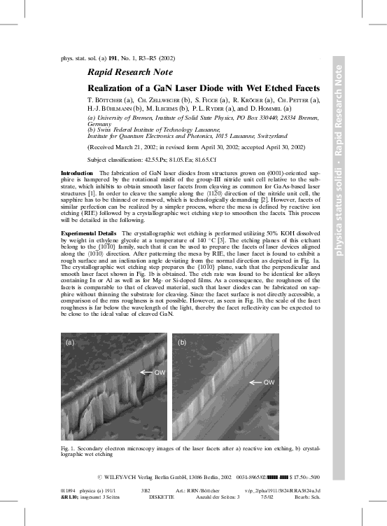 (PDF) Realization of a GaN Laser Diode with Wet Etched Facets