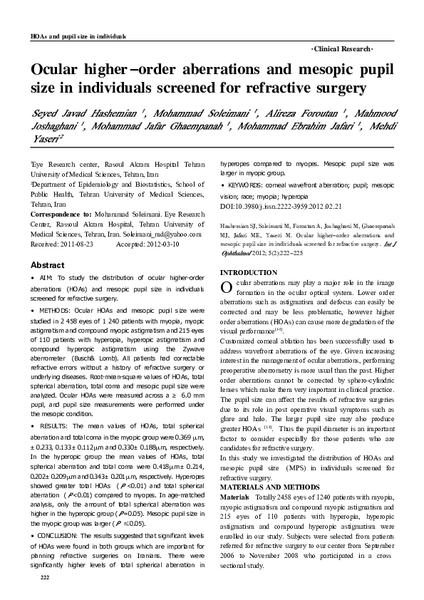 (PDF) Corneal higher order aberrations by Sirius topography and their relation to different ...