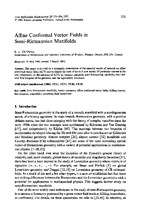 Pdf Affine Conformal Vector Fields In Semi Riemannian Manifolds