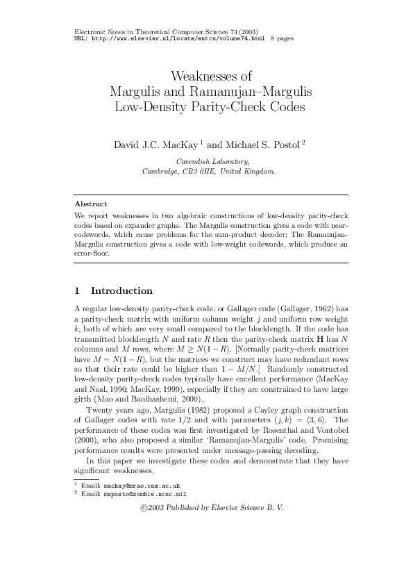 (PDF) Weaknesses of Margulis and Ramanujan-Margulis Low-Density Parity ...