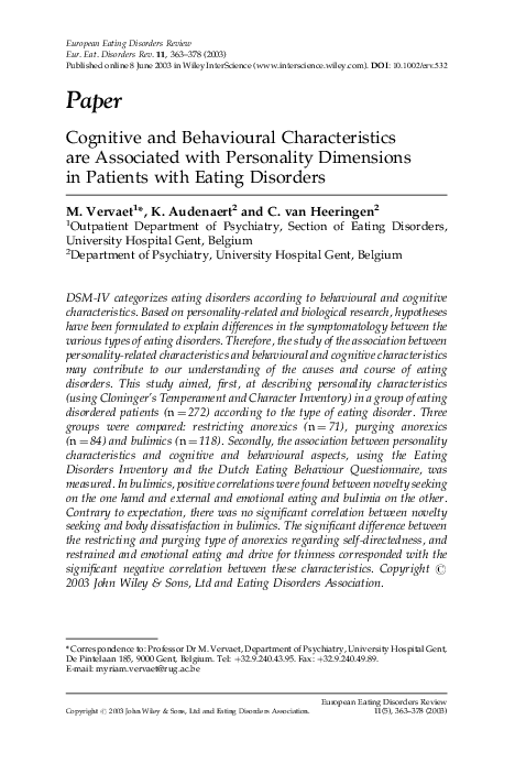 (PDF) Personality dimensions and treatment drop-outs among eating disorder patients treated with ...