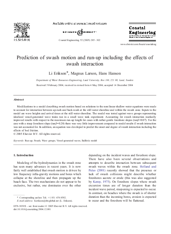 (PDF) Prediction of swash motion and run-up including the effects of ...