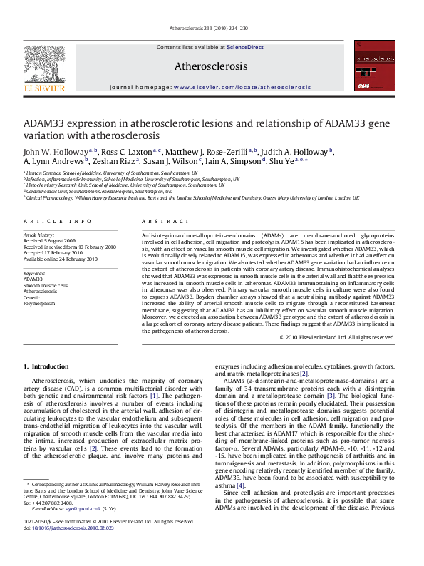 (PDF) ADAM33 Role in Atherosclerosis Progression