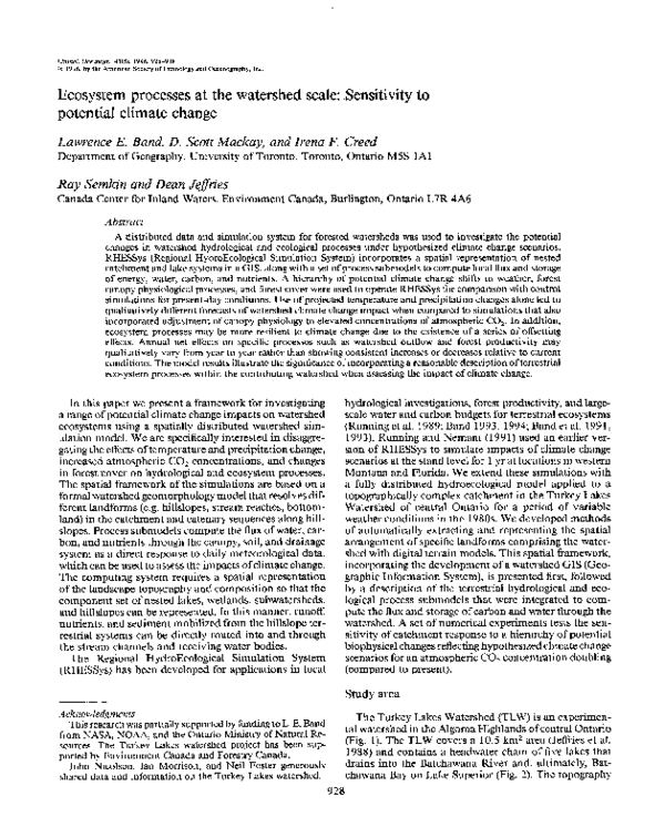 (PDF) Ecosystem processes at the watershed scale: Sensitivity to potential climate change