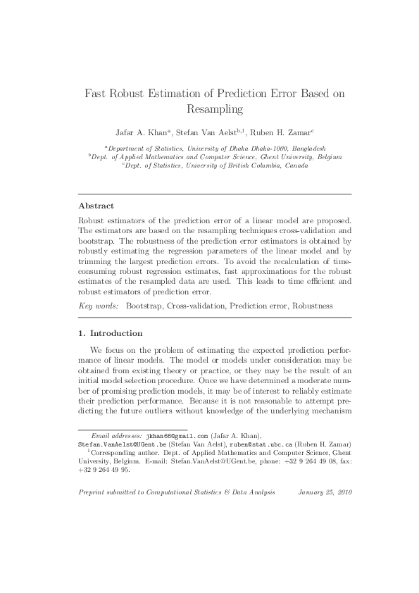 Pdf Fast Robust Estimation Of Prediction Error Based On Resampling